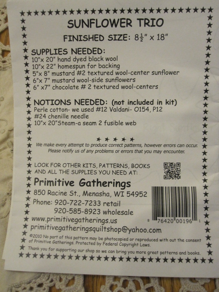 Primitive Gatherings SUNFLOWER TRIO Table Mat Wool Applique Kit 8" x 18 ...