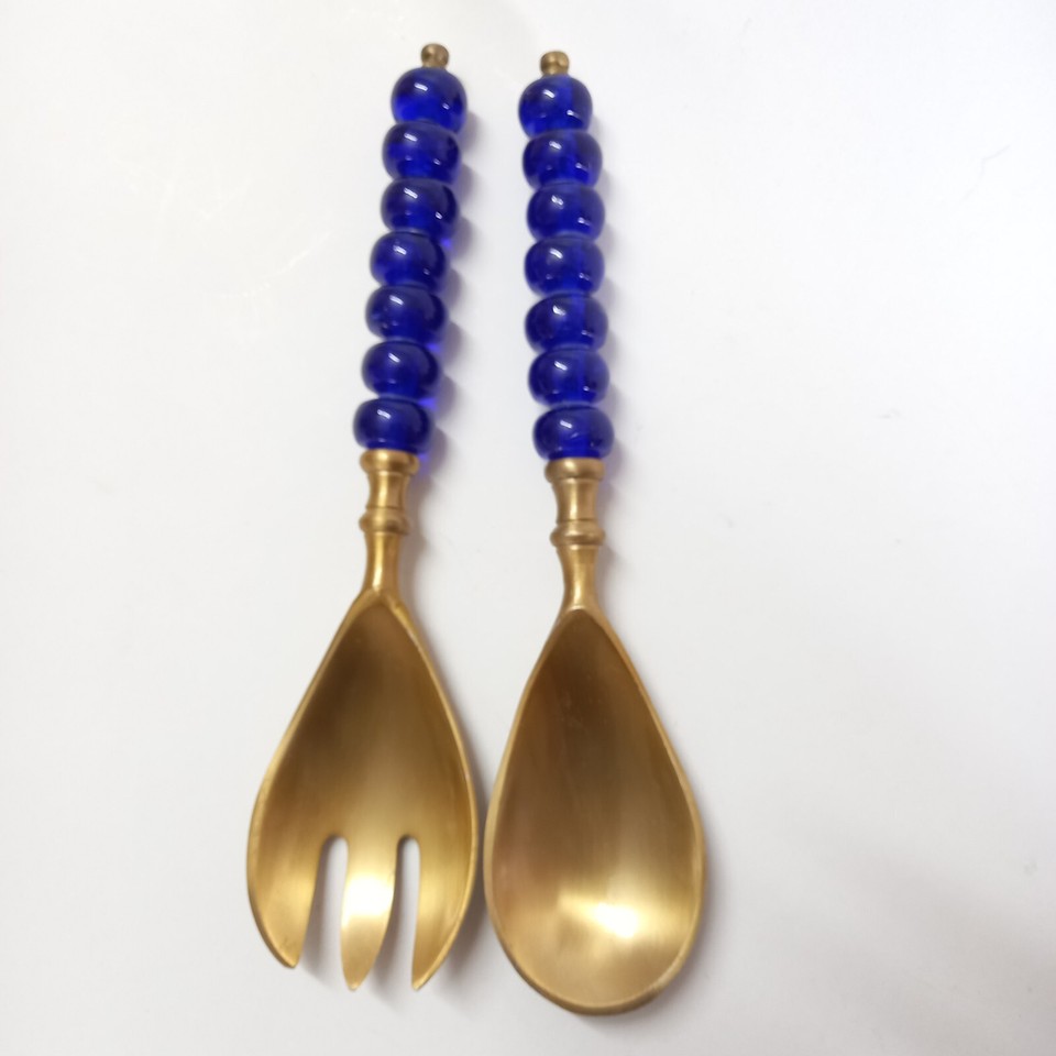 Salad Serving Spoon Fork Set Vintage Art Handles Blue Glass Pampered Chef No Box | eBay