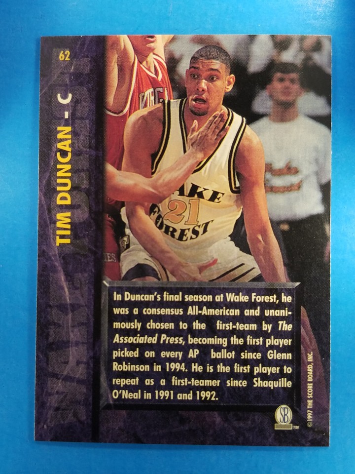1997 SCORE BOARD ALL AMERICAN BASKETBALL ROOKIE CARD TIM DUNCAN #62 ...