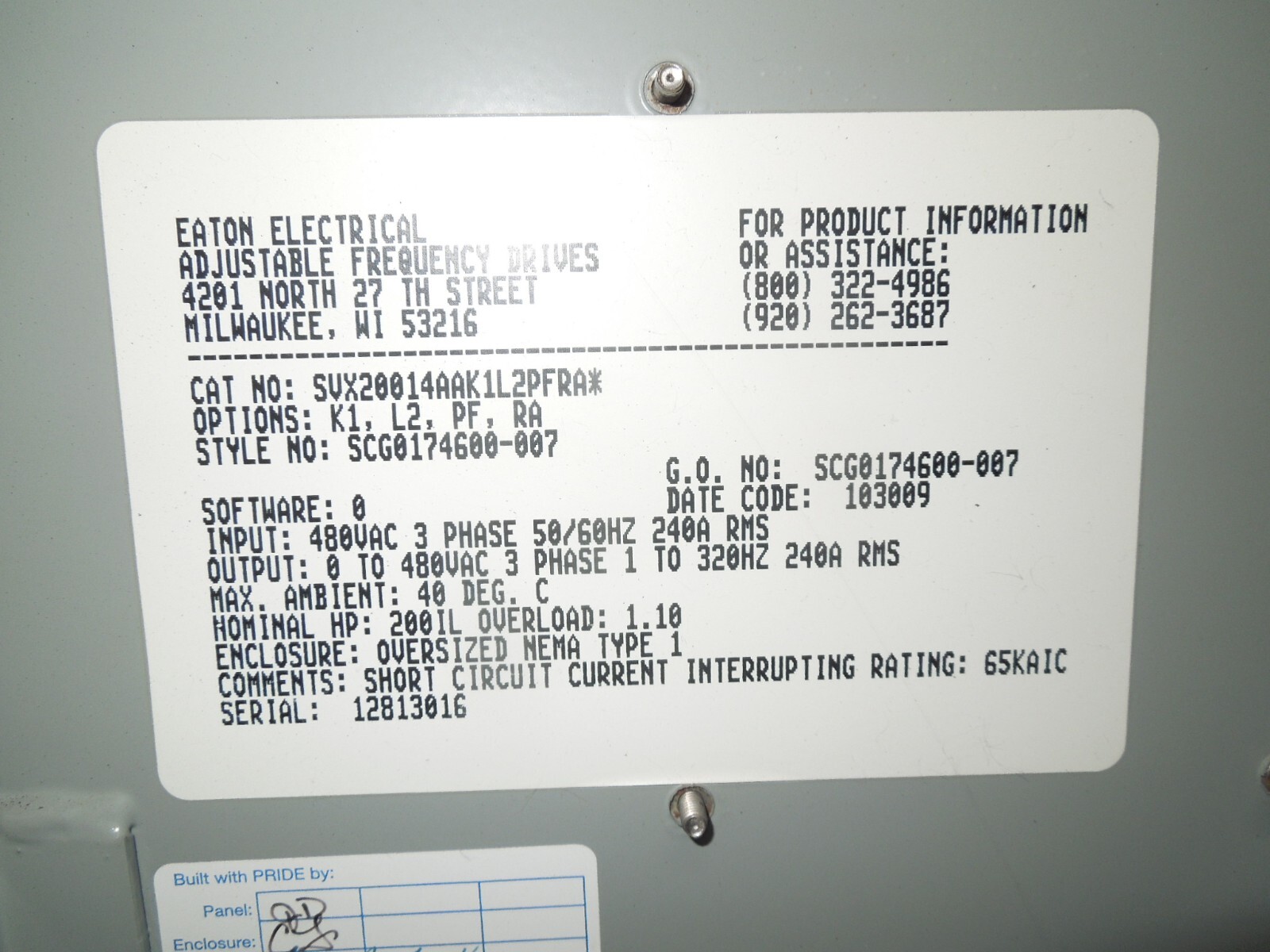 Eaton SVX9000 200hp 240A 480V VFD #SVX20014AAK1L2PFRA Adjustable ...