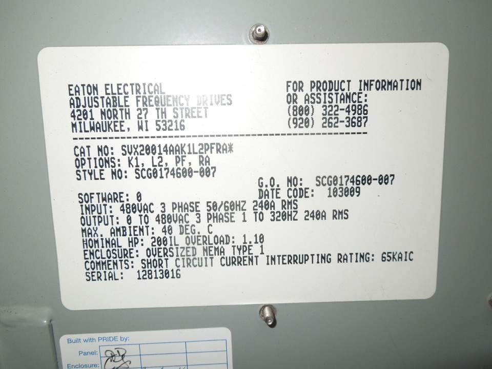 Eaton SVX9000 200hp 240A 480V VFD #SVX20014AAK1L2PFRA Adjustable ...