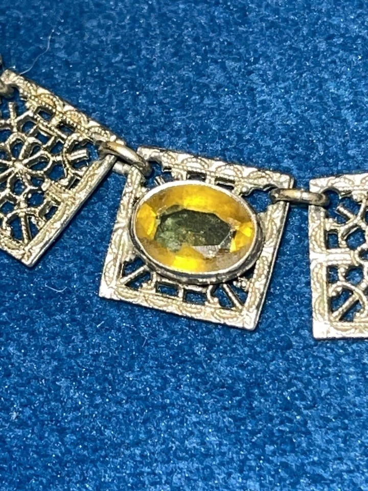 Antique Art Deco Bezel Set Amber Glass Filigree Collar Necklace Rhodium ...