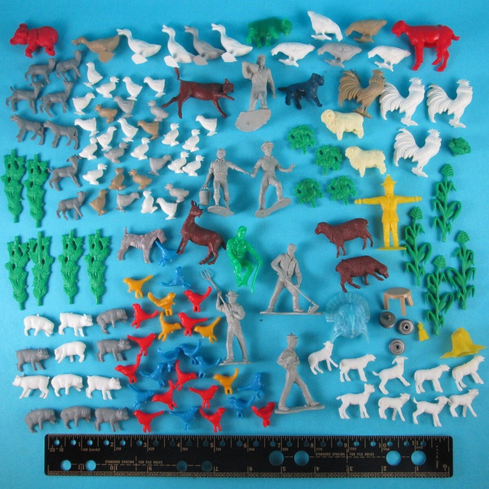 Vintage Plastic Farm Animals Mix Lot~Cows Ducks Sheep Goats Birds Marx ...