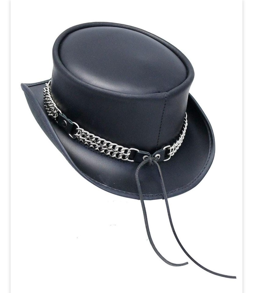 Black Leather Skulls Chain Top Hat Steampunk Leather Hat Gothic Hat ...