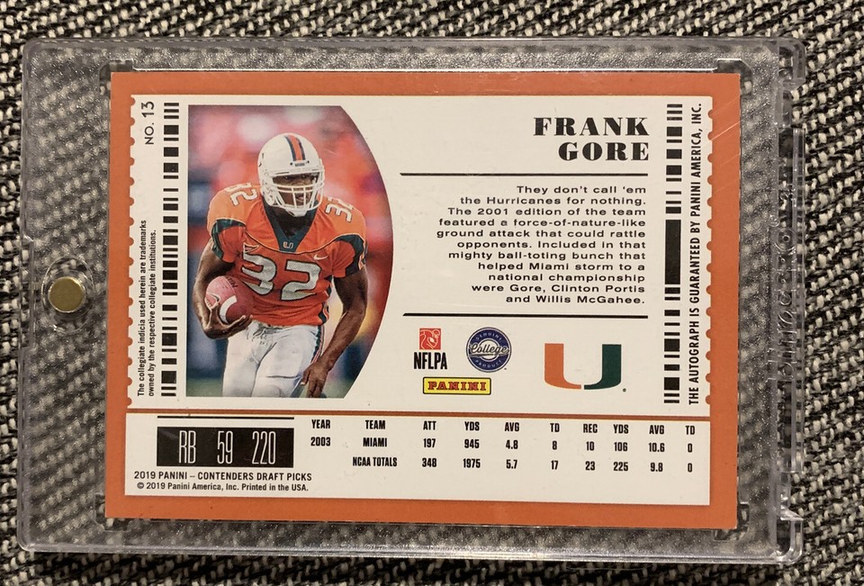 2019 PANINI CONTENDERS DRAFT PICKS CRACKED ICE AUTO #41 FRANK GORE #2/ ...
