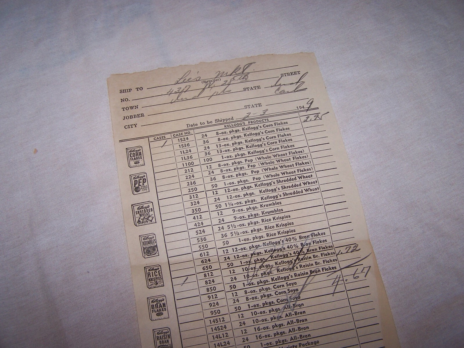 1949 KELLOGG'S Invoice Receipt CORN FLAKES -PEP -RICE KRISPIES ...