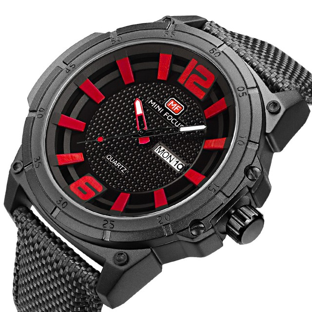 Mens Quartz Watch Black&red Face Nylon Ribbon Belt Leisure Style Date ...
