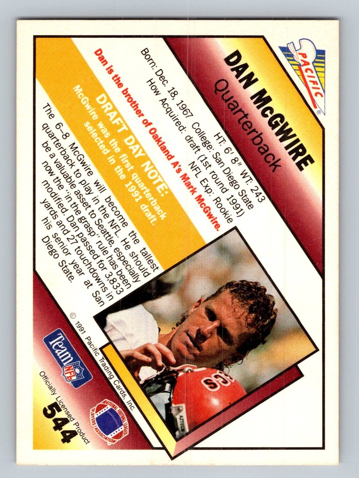 Dan McGwire RC Rookie 1991 Pacific #544 Seattle Seahawks | eBay