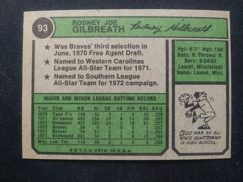 1974 Topps Baseball Card # 93 Rod Gilbreath RC - Atlanta Braves | eBay
