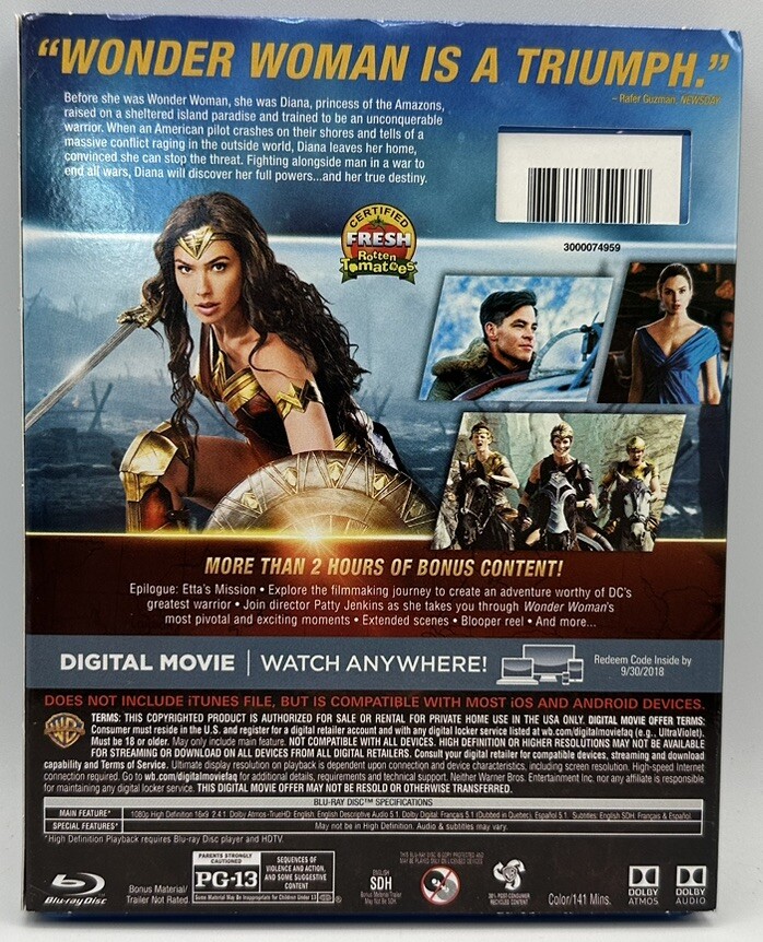 Wonder Woman Blu-Ray + DVD + Digital Gal Gadot Chris Pine Robin Wright ...