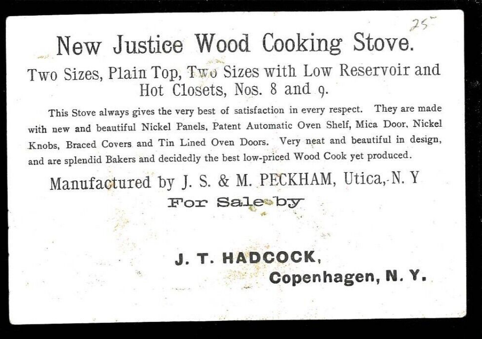trade card, J.S.M.Peckham, "JUSTICE" WOOD COOKING STOVE. Utica, N.Y ...