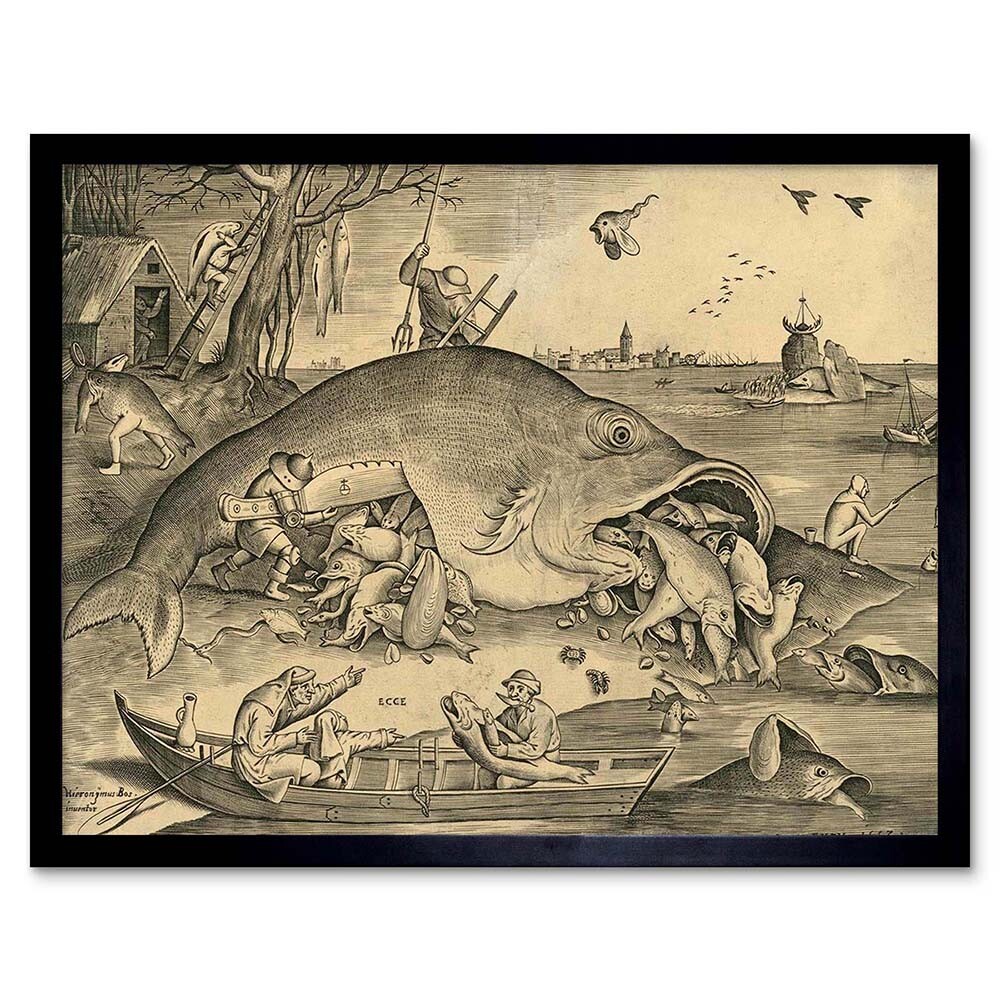 Heyden Bruegel Flemish Big Eat Little Fish Old Painting 12X16 Inch ...