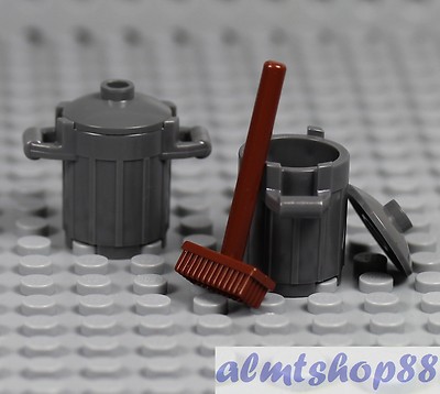 LEGO - 2x Dark Gray Trash Bin & Brown Broom Minifigure Utensil Garbage ...