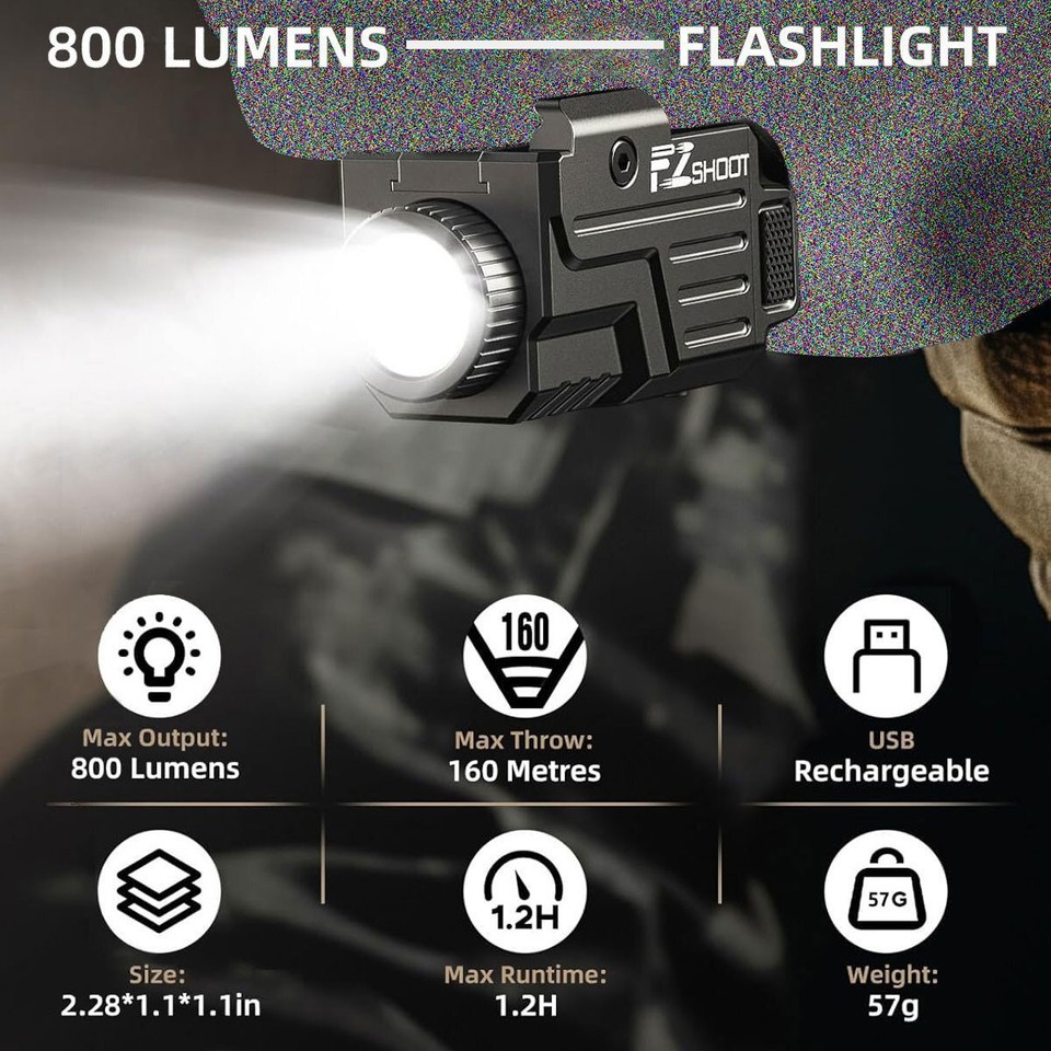 Compact 800 Lumens Pistol Flashlight Hunting Guns Light Fits Picatinny ...