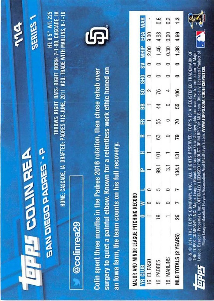 2017 Topps #114 Colin Rea Padres NM-MT ID:155791 | eBay
