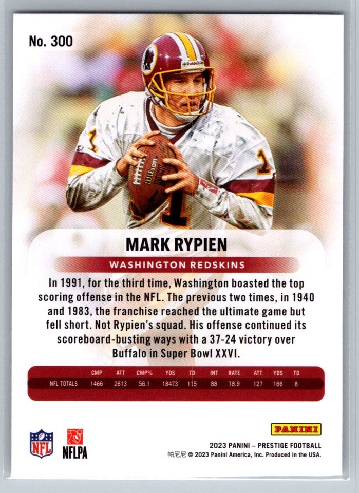 2023 Panini Prestige #300 Mark Rypien Washington Redskins Football Card ...
