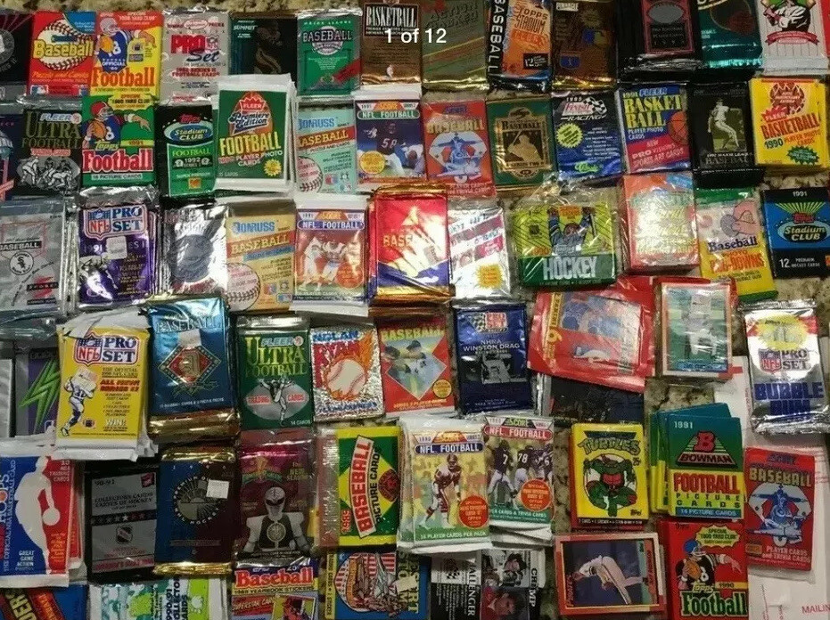 Huge Lot of Unopened Old Vintage Sports Cards in 50 Wax foil cello rack ...