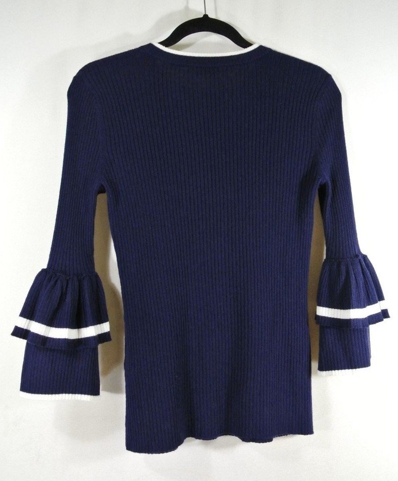 NEW FRAME Ruffle-Cuff Rib-Knit Wool Sweater in Navy - Size S #S939 | eBay