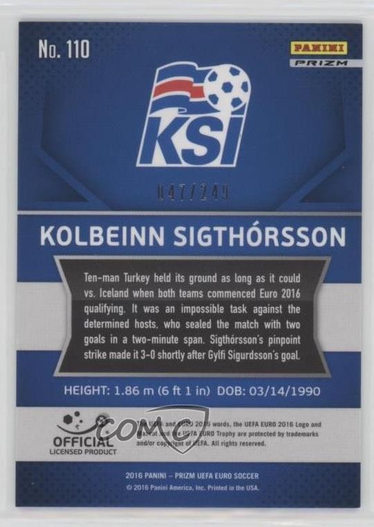 2016 Panini Prizm UEFA Euro Blue Prizm /249 Kolbeinn Sigthorsson #110 ...