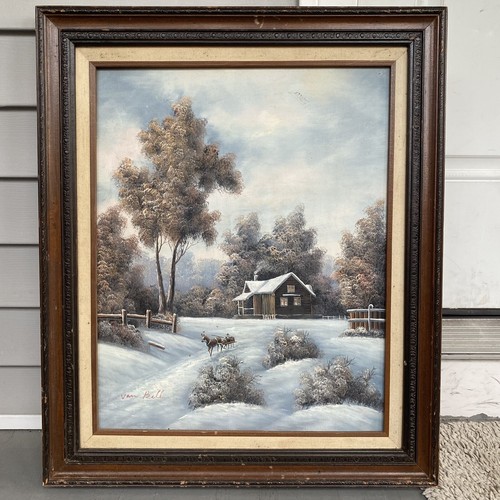 VTG Van Bell Oil Painting Canvas Winter Landscape Scene Signed Cabin ...