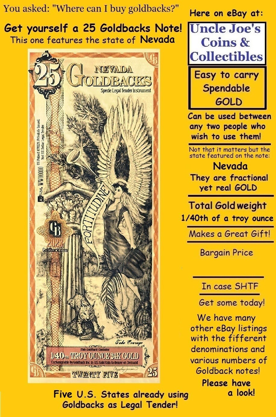 One Nevada "25 Goldback" Note 1/40th Troy Oz 24K Gold Ultimate Gold ...