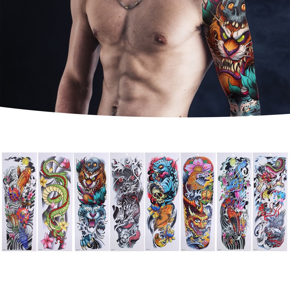 8 Sheets Full Sleeve Temporary Tattoos Watrproof Full Arm Fake Sleeve ...