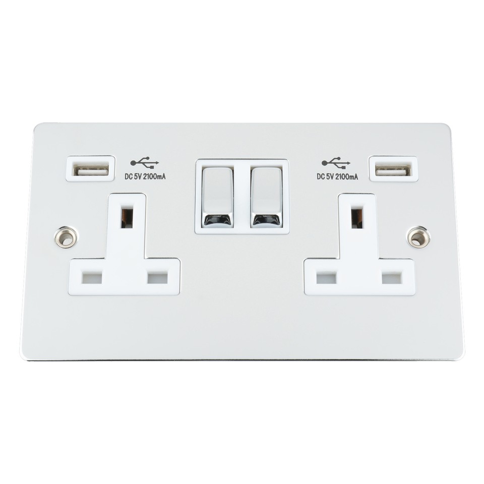 13 Amp Wall Double Plug Socket 2 Gang Polished Chrome FLAT Plate Silver ...