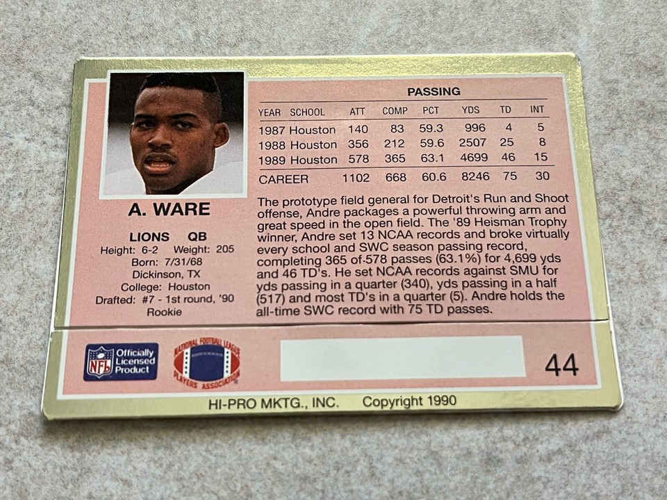 1990 Action Packed Andre Ware #44 RC Rookie NFL Detroit Lions | eBay