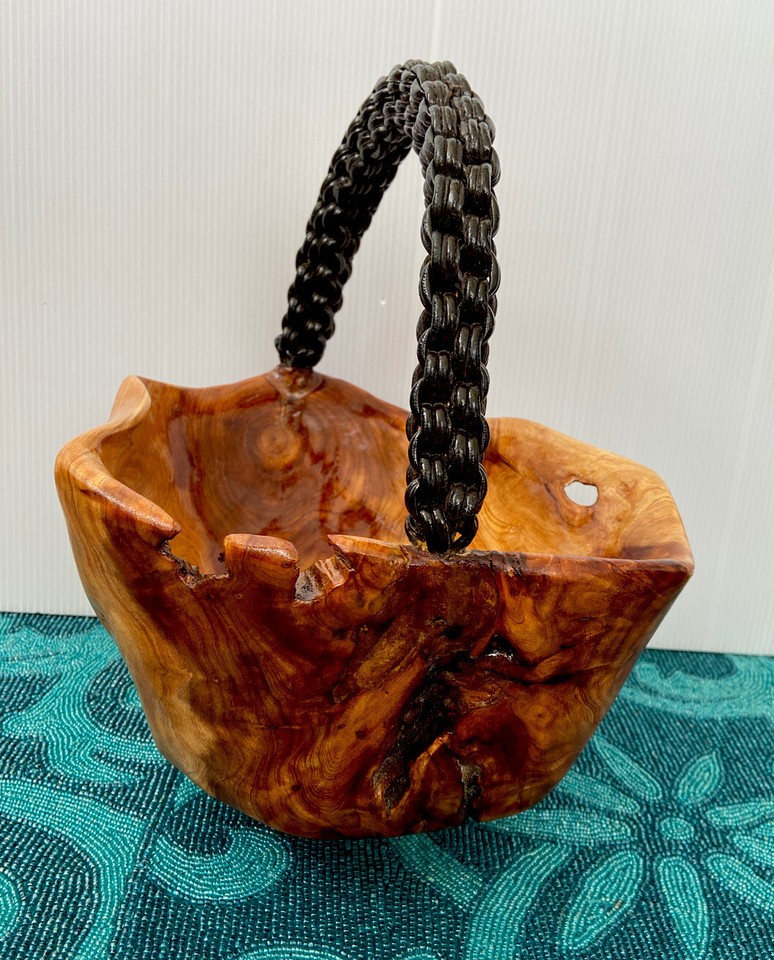 SPECIAL LEATHER HANDLE HAND CARVED SHAN MU TREE BURL ROOT WOODEN BASKET ...