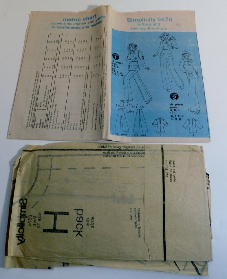 1974 Simplicity Pattern 6676 Pants & Tunic Top Size 12 (cut) No ...