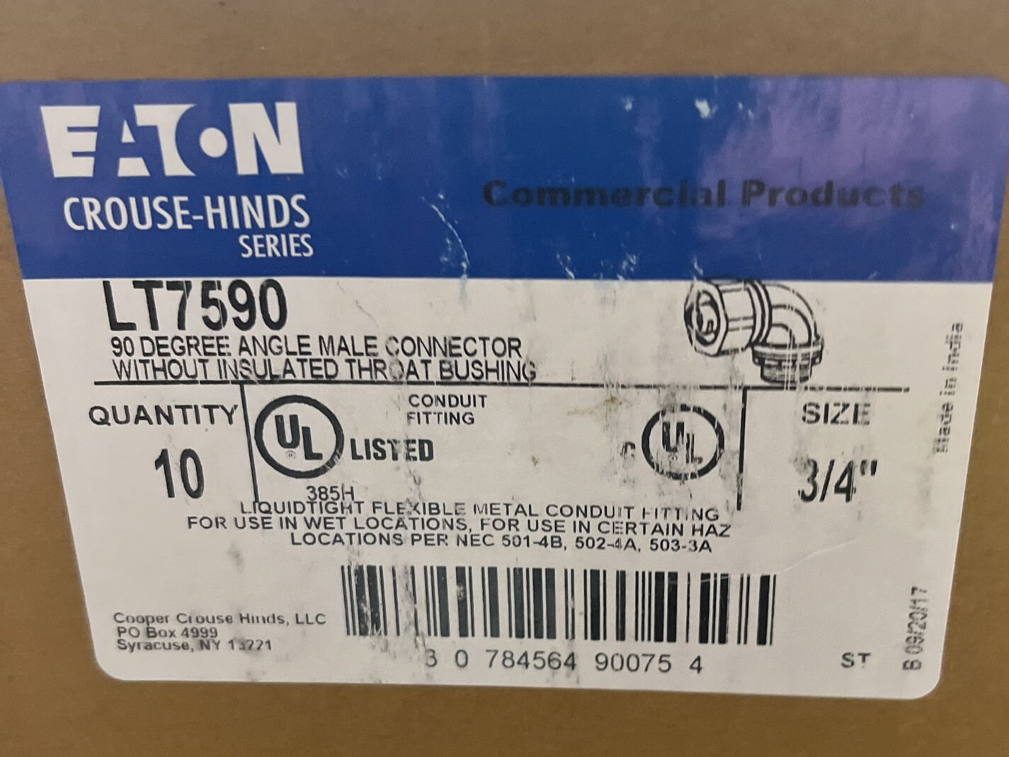 Eaton (Box of 10) LT7590 - 3/4" STR 90D LT Steel Conn. Liquid Tight for ...