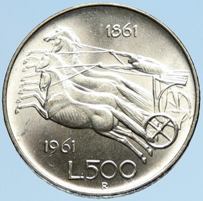 1961 ITALY Rome Capital ITALIAN UNIFICATION CHARIOT Silver 500 Lire ...