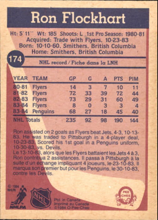 1984-85 O-Pee-Chee Penguins Hockey Card #174 Ron Flockhart | eBay