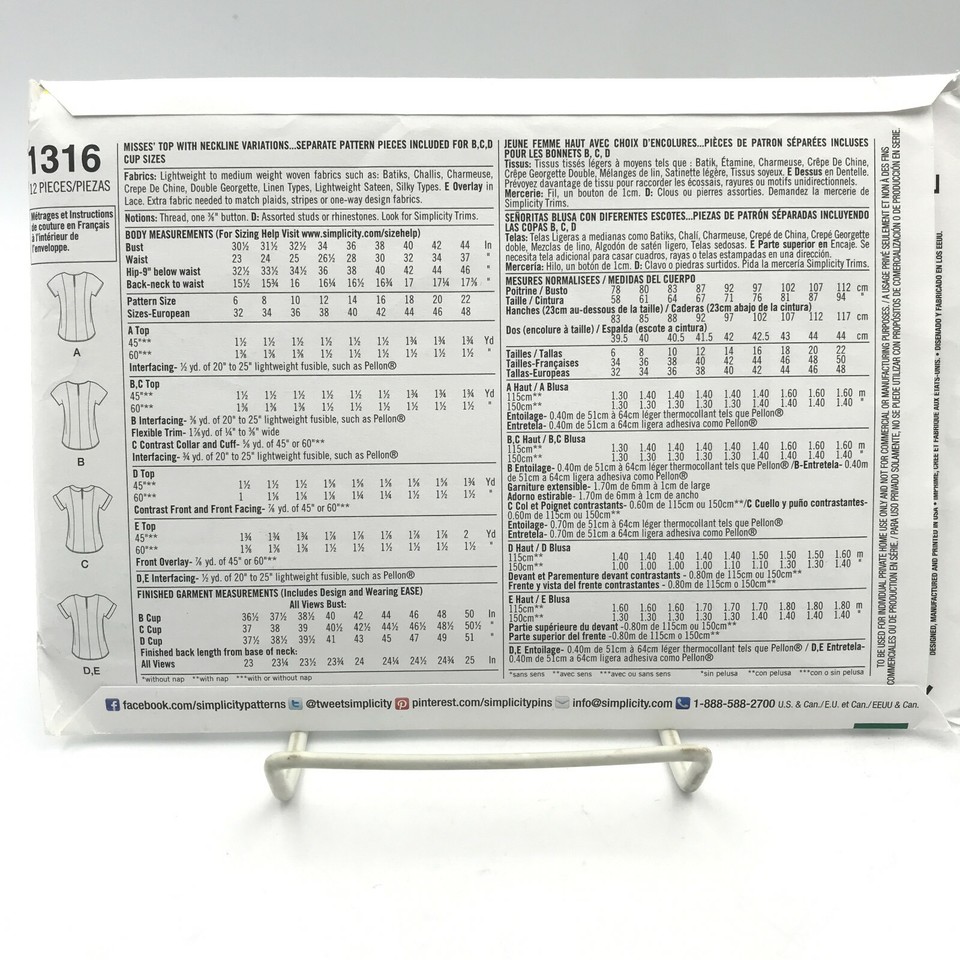 Simplicity 1316 Tops with Princess Seams Size 6 14 Uncut Sewing Pattern ...