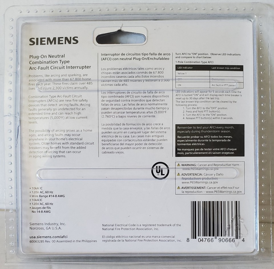 Siemens 15 Amp 1-Pole Combination AFCI Plug-On Neutral Circuit Breaker ...