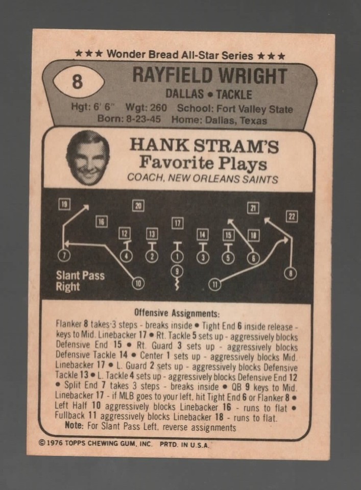 1976 Wonder Bread #8 Rayfield Wright Dallas Cowboys Excellent | eBay