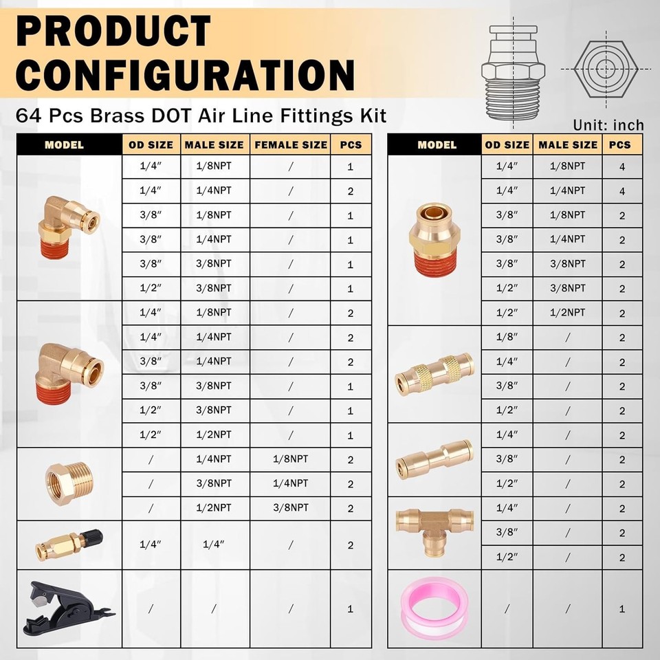 64 Pcs Brass DOT Air Line Fittings Kit Push Lock & Quick Connect ...