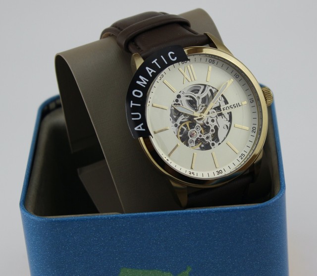 Fossil Men's Flynn Automatic Skeleton Gold Tone Brown Leather Watch ...