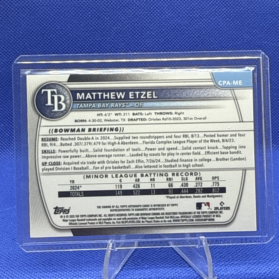 2025 Bowman Chrome 1st Matthew Etzel Blue Refractor Auto /150 #CPA-ME ...