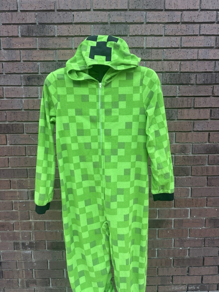 Minecraft Creeper One Piece Pajamas Hooded Fleece Green Youth Size 14 ...
