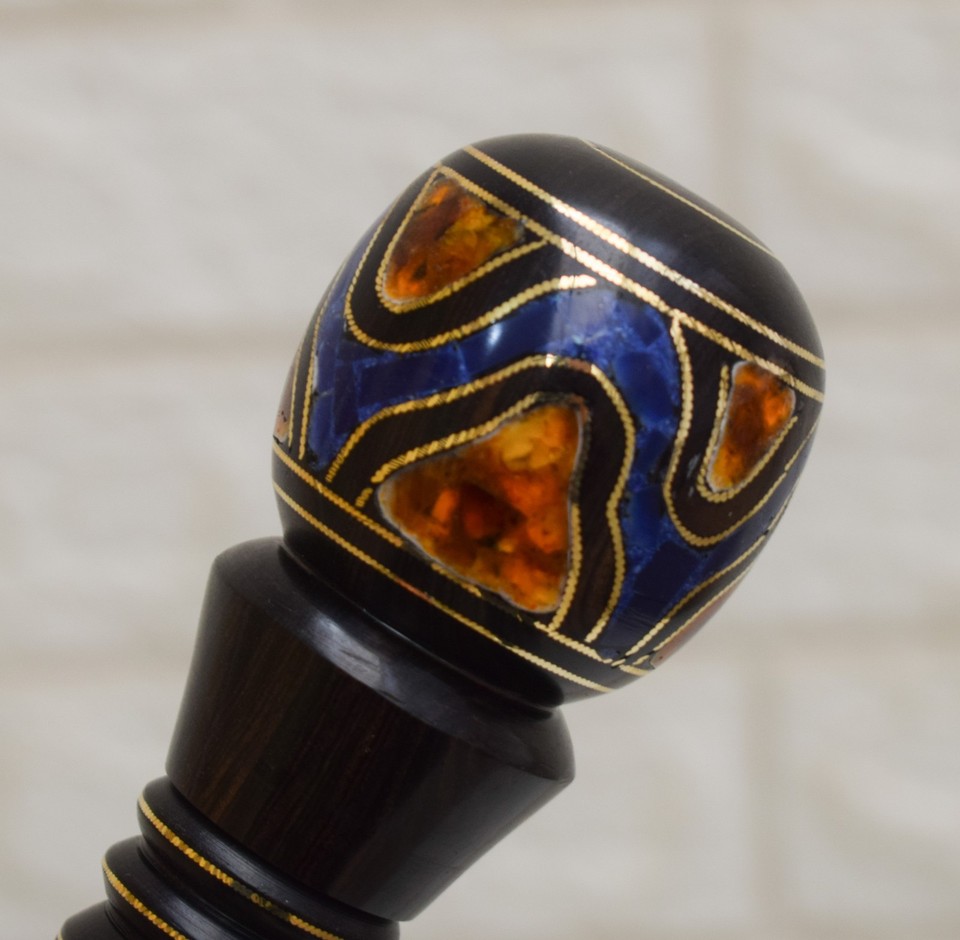 Handmade Ebony Wood Walking Cane: Lapis and Amber Inlay Round Handle ...
