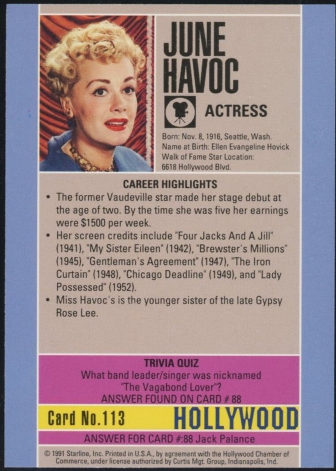 1991 Starline Hollywood June Havoc Actress #113 | eBay