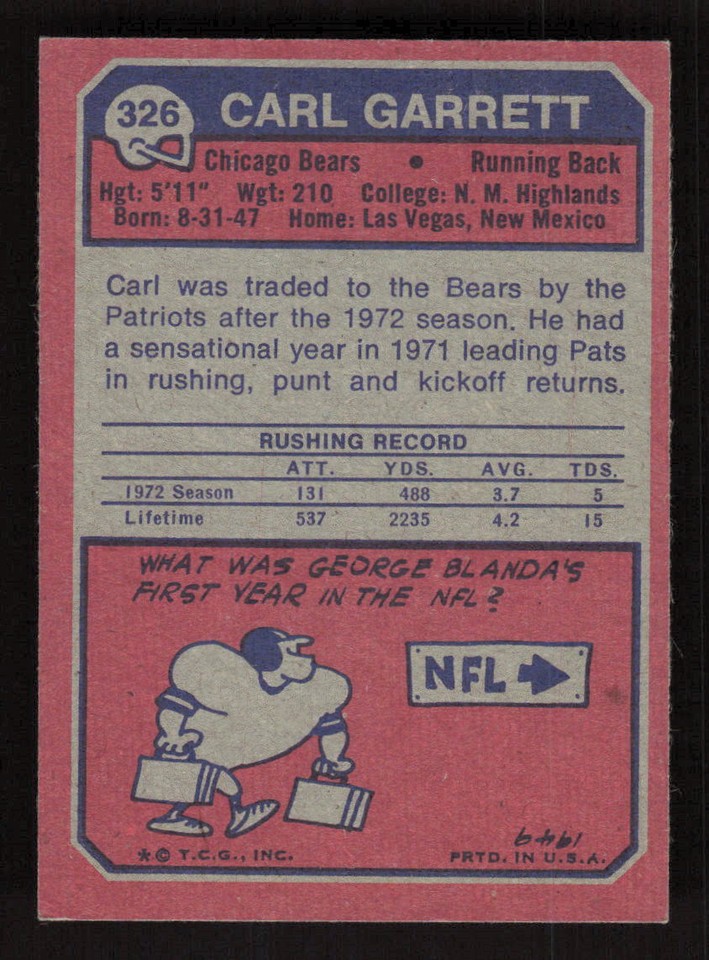 1973 Topps Set-Break #326 Carl Garrett Chicago Bears | eBay