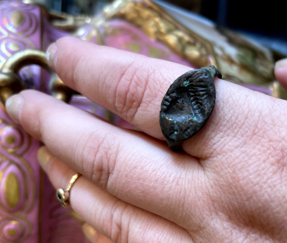 Ancient Roman Bronze Cast Signet Ring with 18k Gold … - Gem