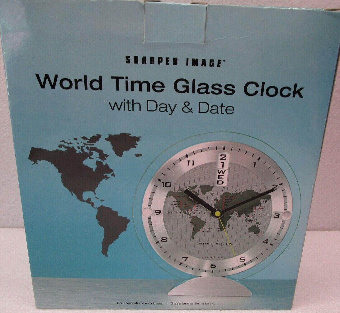 Sharper Image World Time Heavy Glass Clock Desk Clock Aluminum DAY ...