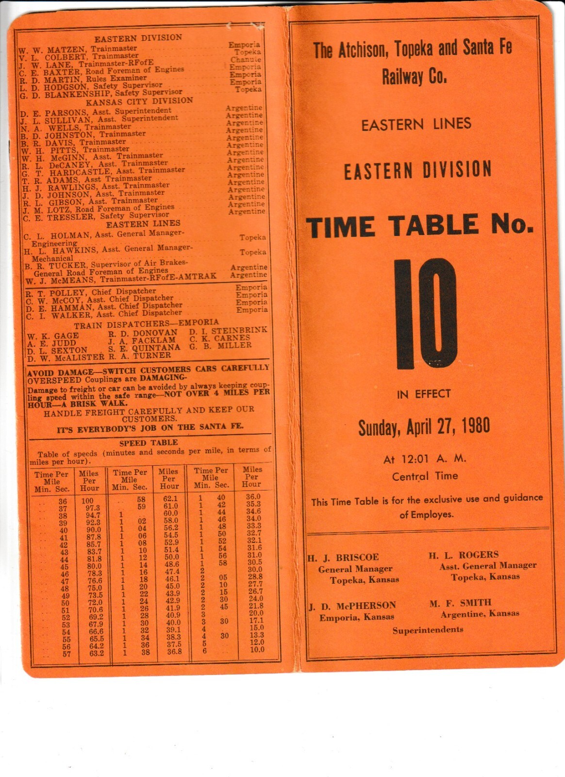 4/27/1980 Atchison Topeka & Santa Fe Railway Employee Timetable #10 ...