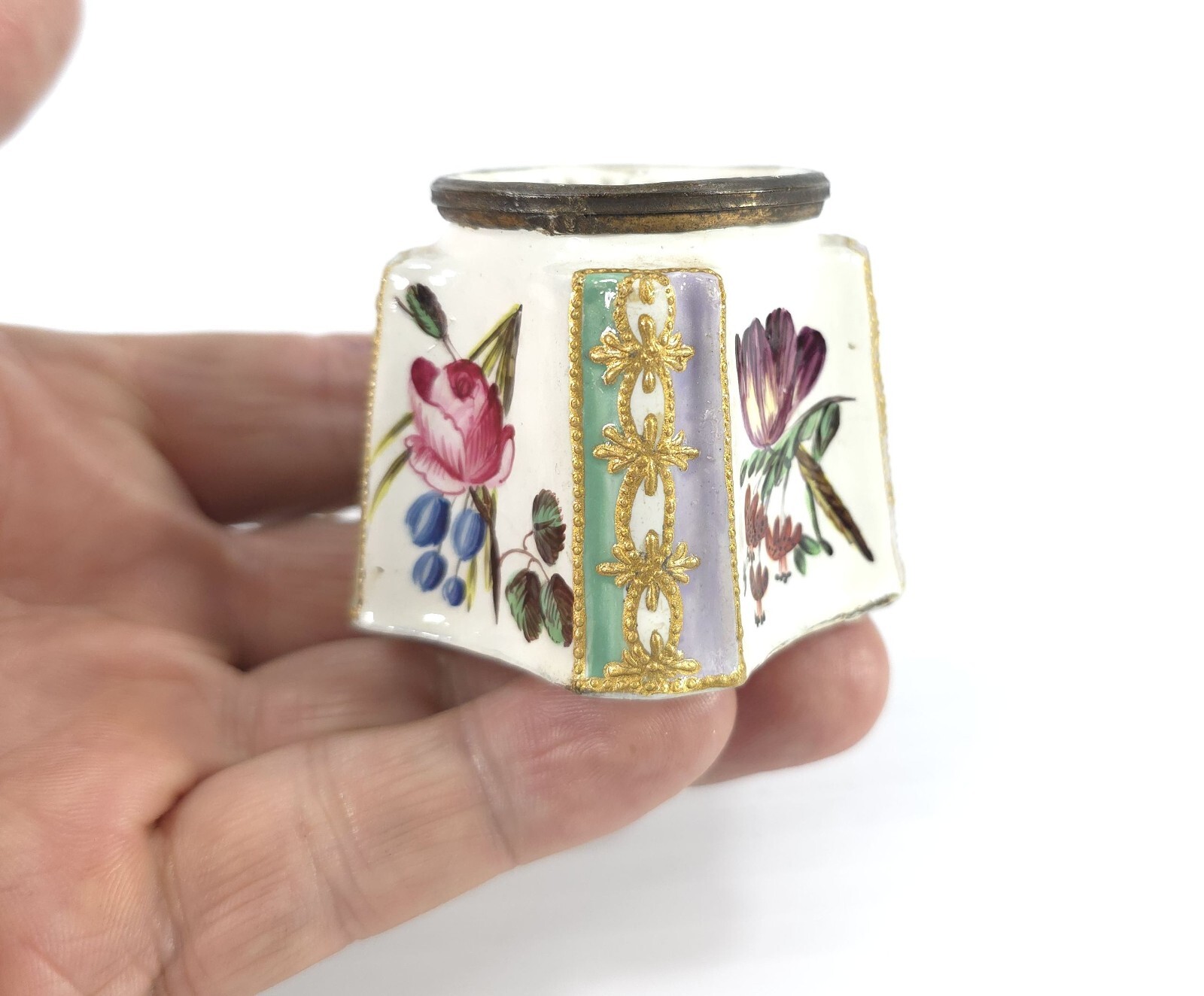 Antique Bilston Battersea Porcelain Powder Box with Painted Floral ...