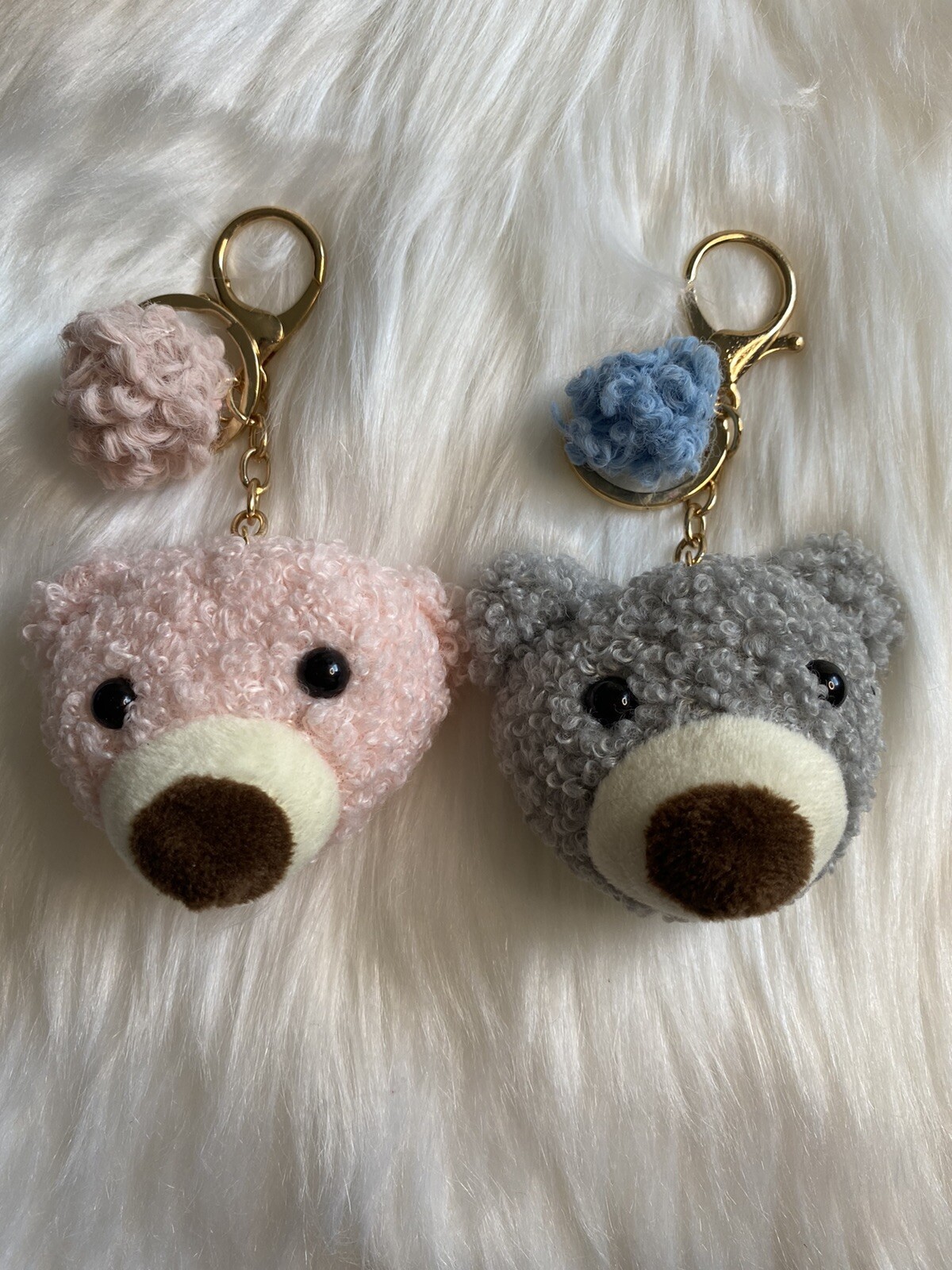 Bear Head Keychain Charm Pom Pom Bag Purse Phone Plush Lot Of 2 New | eBay