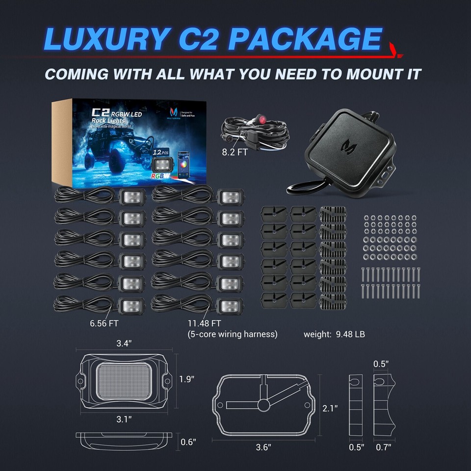 MICTUNING C2 RGBW LED Rock Lights 12 Pods LED Underglow Underbody Neon ...