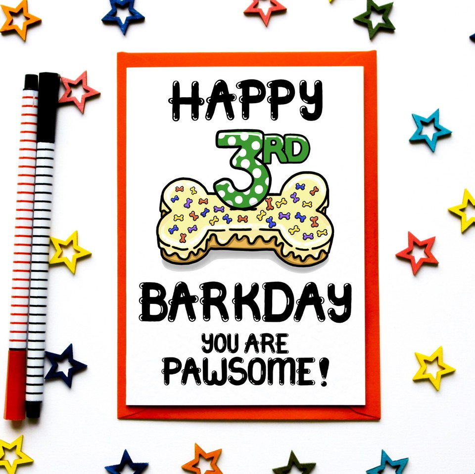 Dog 3rd Birthday Barkday Card for the Dog Third Birthday Puppy Fur Baby ...
